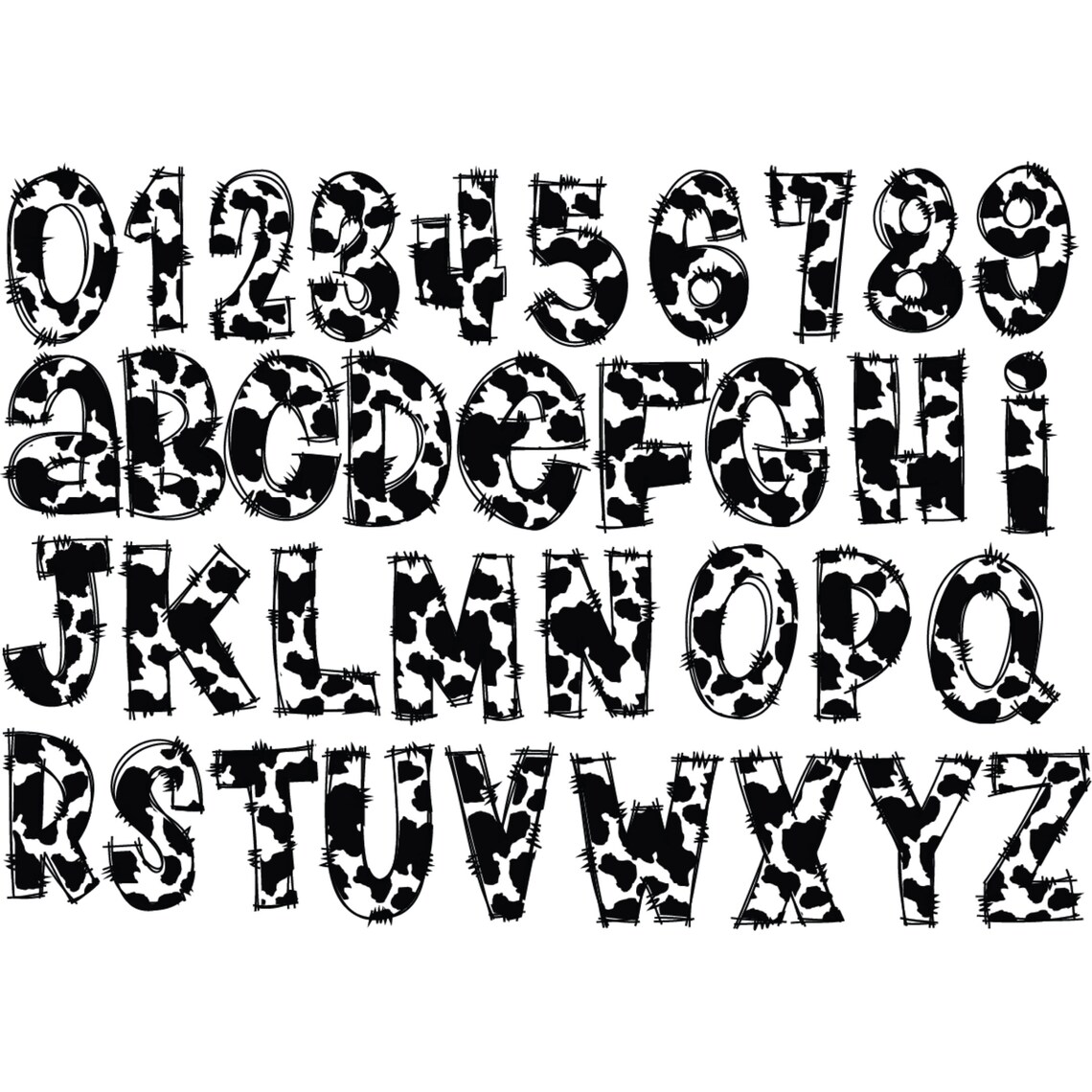 Cow Print Doodle Letters & Number PNG Farm Sketch Font - Etsy