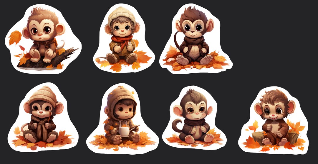 Fall Monkey Stickers, Set 21 Stickers, Journal Sticker, Die Cut Sticker ...