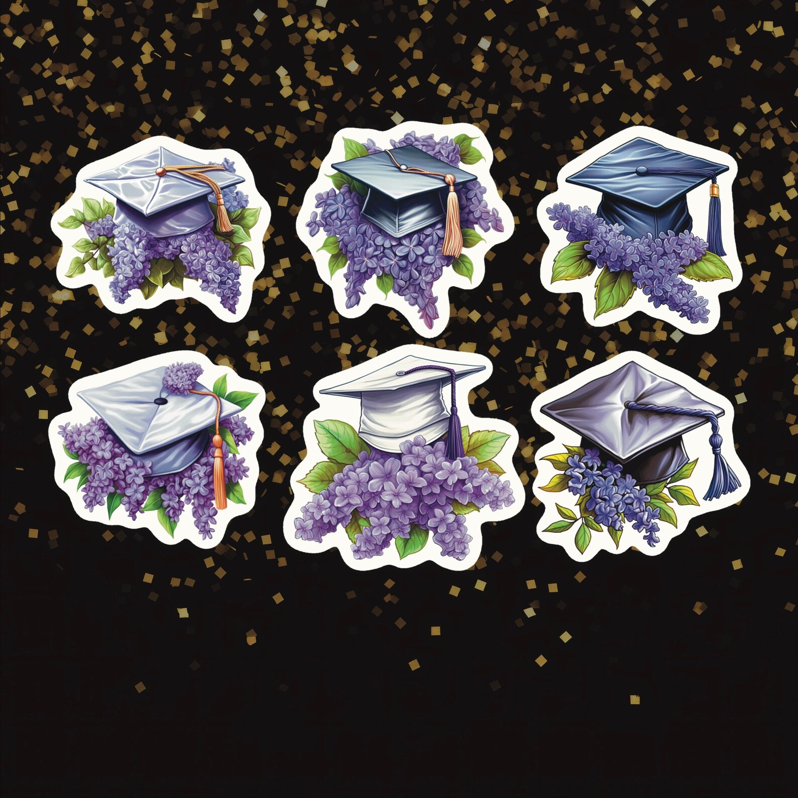 Floral Graduation Cap Stickers, Set of 18 Stickers, Purple Floral Cap ...