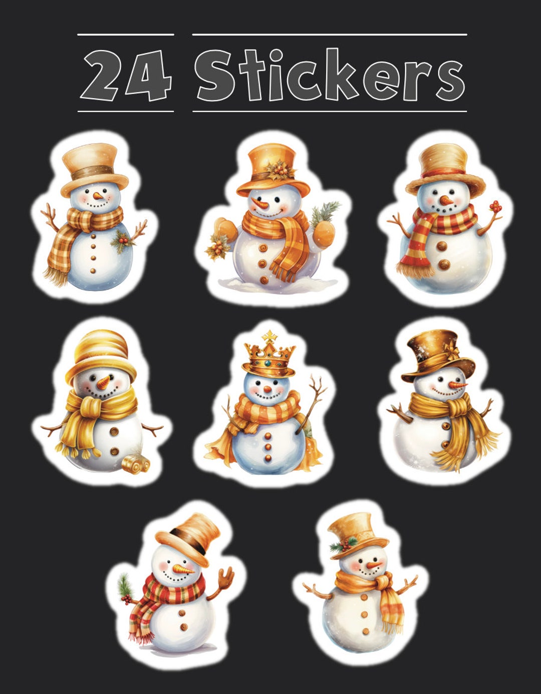 Gold Snowmen Stickers, Set of 24 Stickers, Christmas Stickers, Snowmen ...