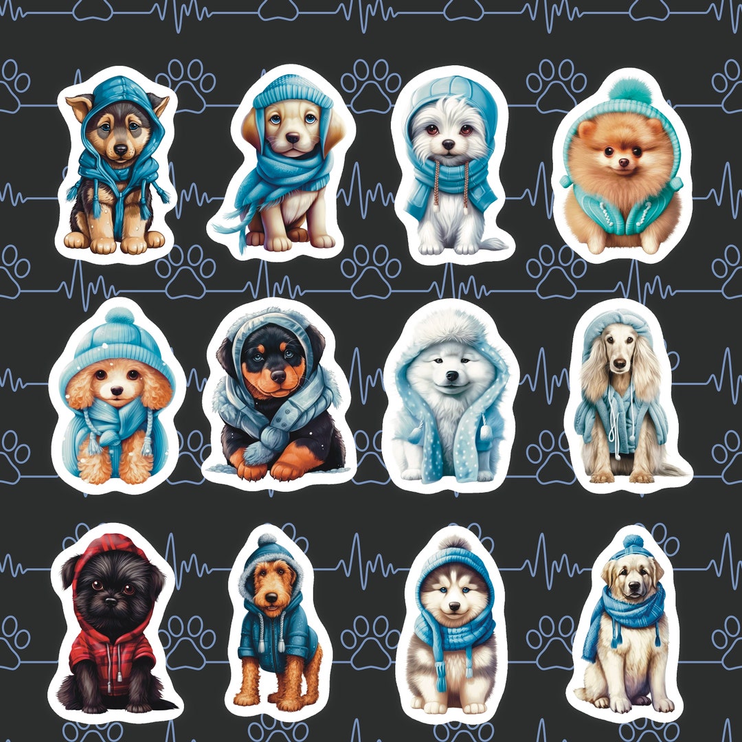 Winter Puppy Stickers, Set 24 Stickers, Dog Stickers, Puppy Stickers ...