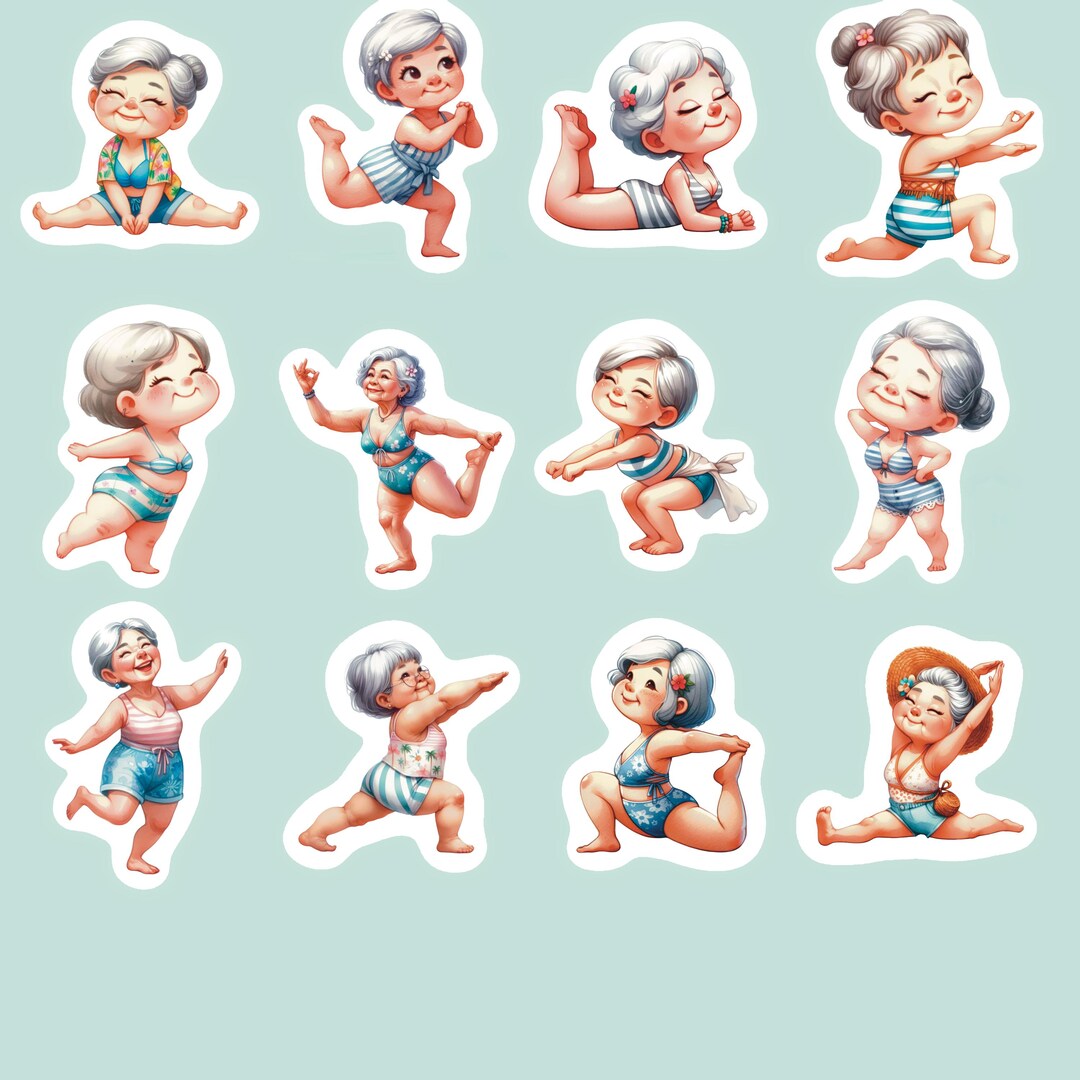 Grandma Yoga Stickers, Set of 24 Stickers, Geriatric Stickers, Elderly ...