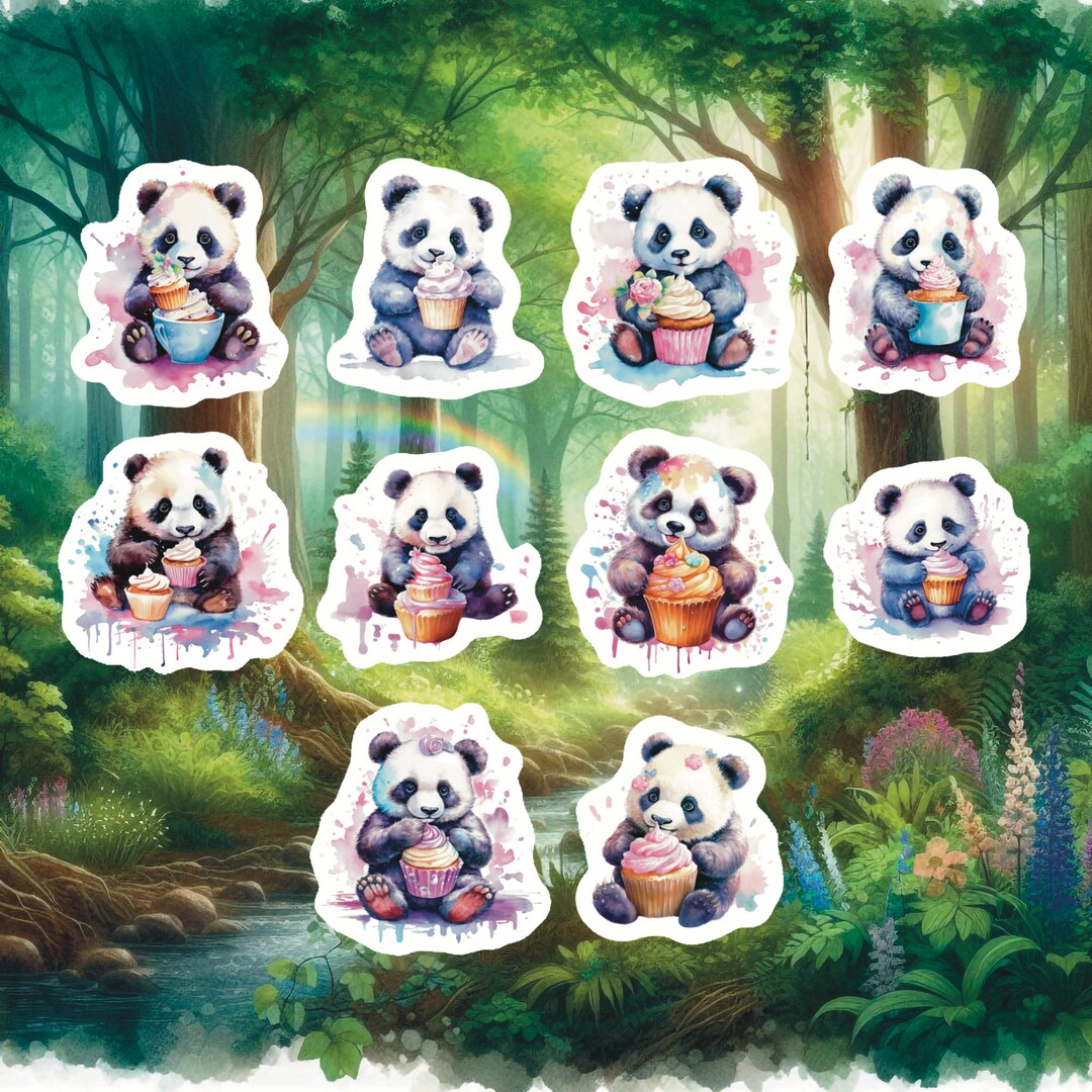 Panda With Cupcake Stickers, Set of 20 Stickers, Panda Bear Stickers ...