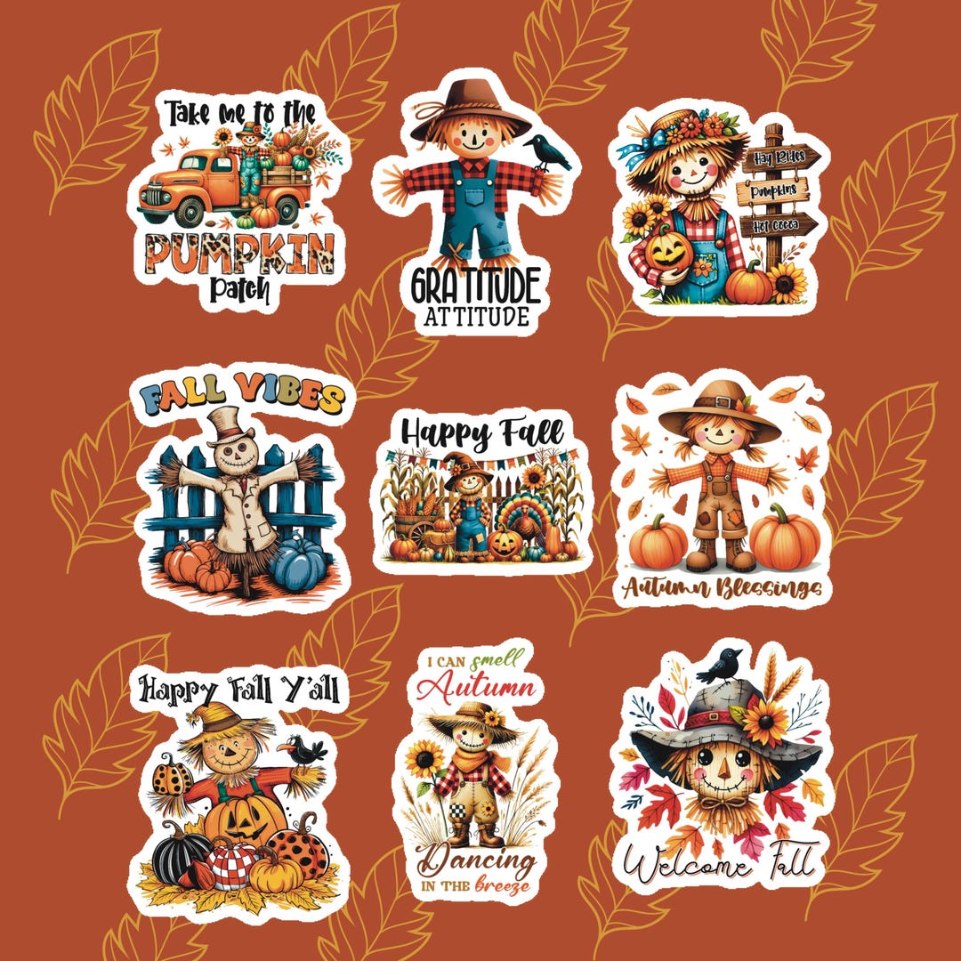 Scarecrow Stickers, Set of 18 Stickers, Turkey Stickers, Thanksgiving ...