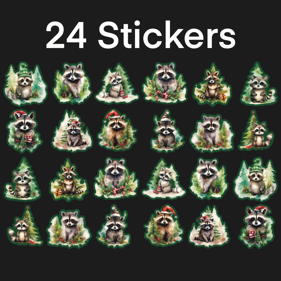 Raccoon Christmas Stickers, Set of 24 Stickers, Christmas Sticker ...