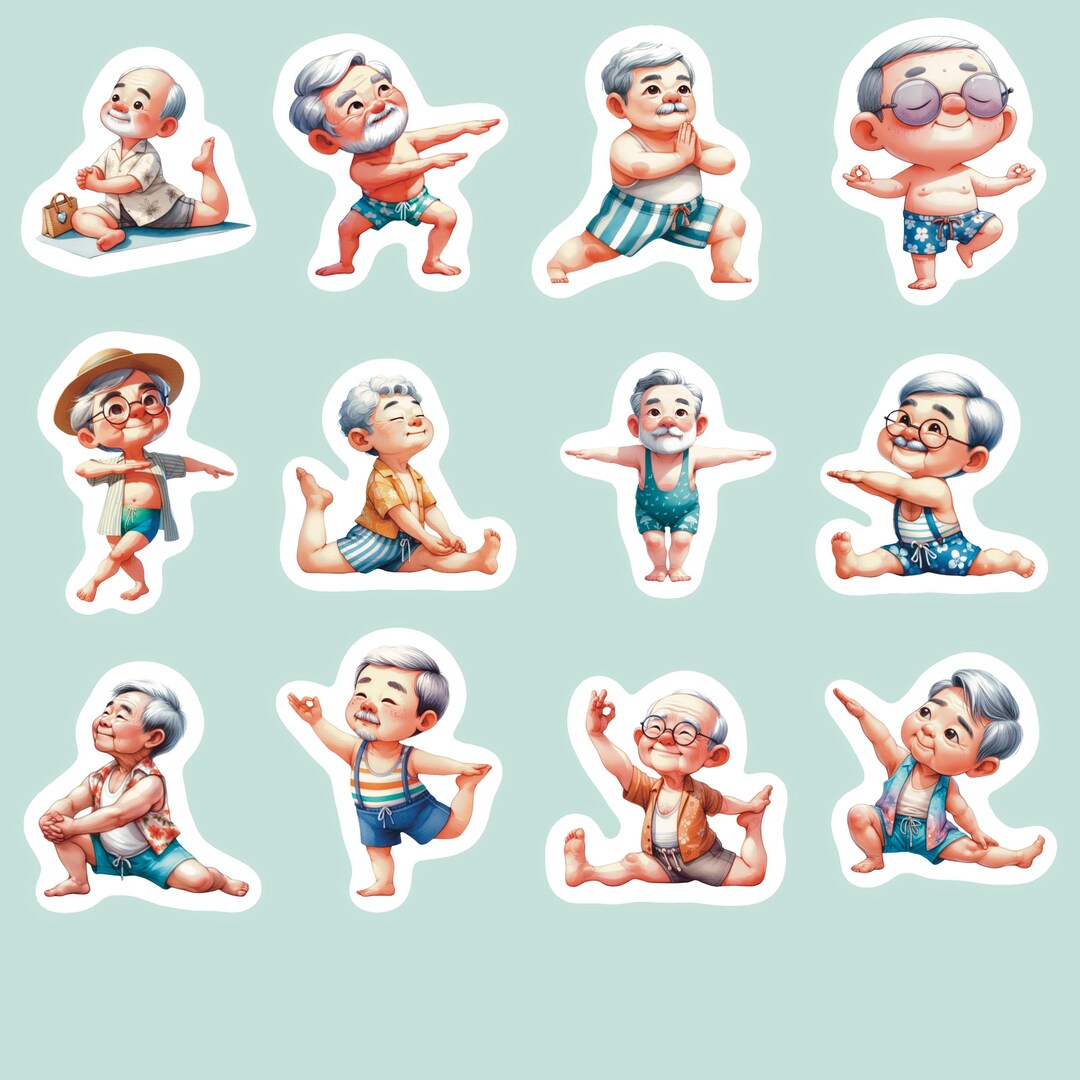 Grandpa Yoga Stickers, Set of 24 Stickers, Geriatric Stickers, Elderly ...