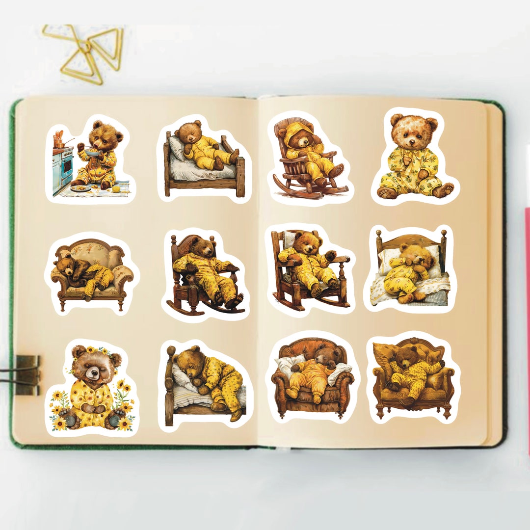 Sleeping Yellow Teddy Bear Stickers, Set of 24 Stickers, Nursery ...