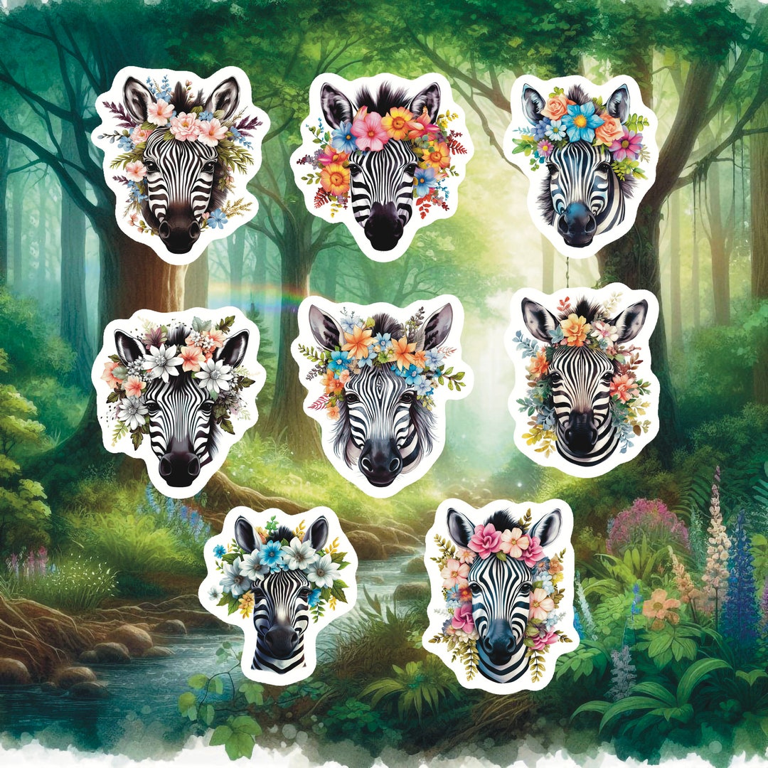 Zebra With Flower Crown Stickers, Set of 24 Stickers, Zebra Stickers ...