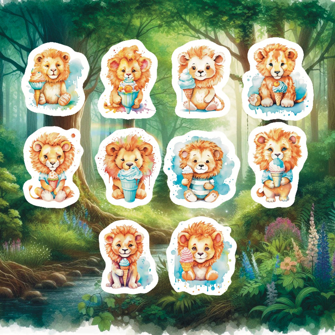 Lion Eating Ice Cream Stickers, Set of 20 Stickers, Baby Lion Stickers ...