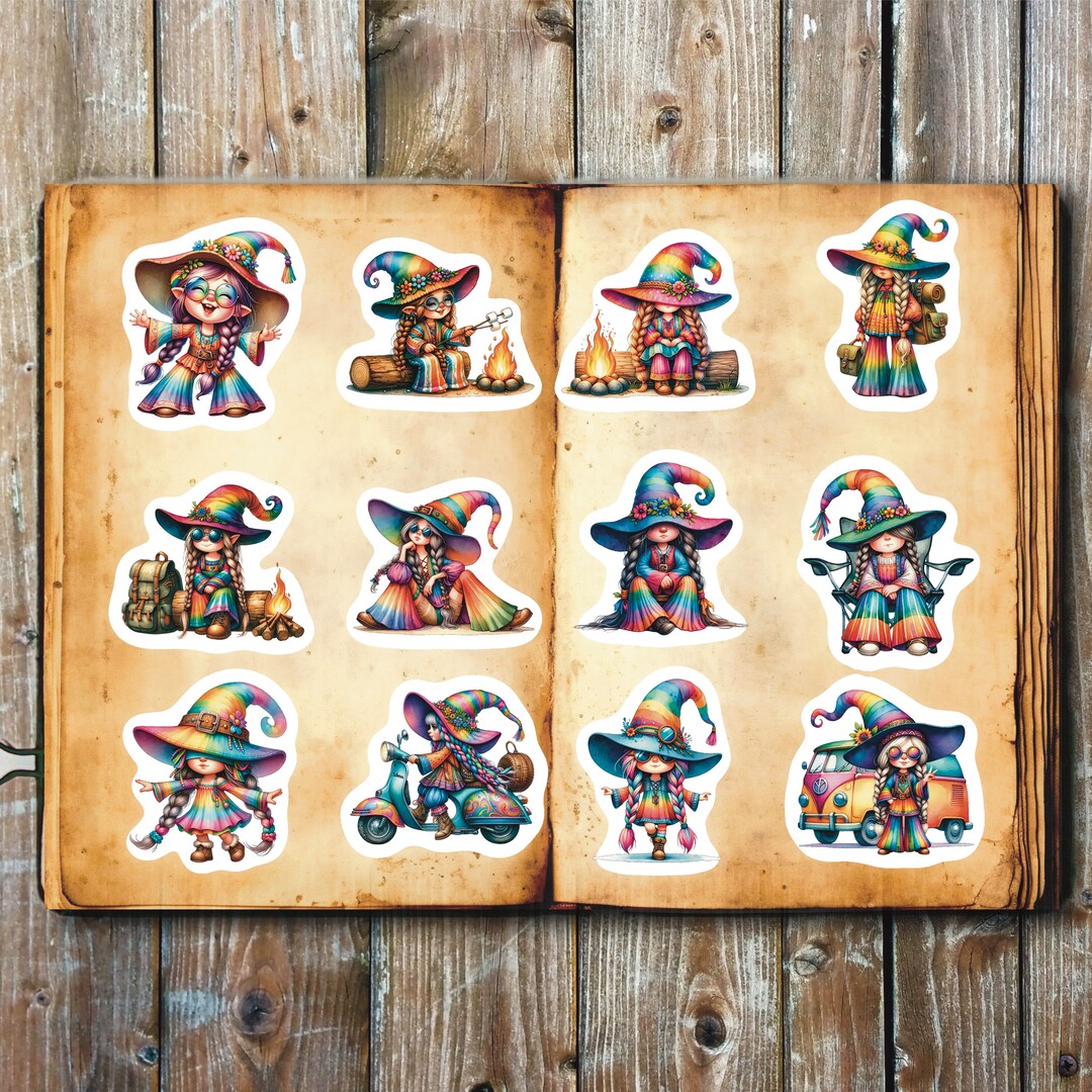 Hippie Girl Gnome Stickers, Set of 24 Stickers, Braided Hair Gnome ...