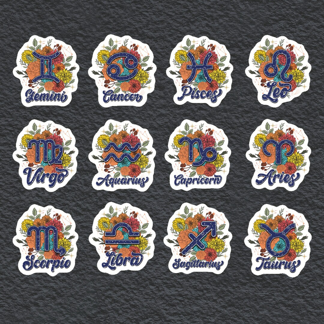 Floral Zodiac Sign Stickers, Set of 24 Stickers, Floral Stickers ...