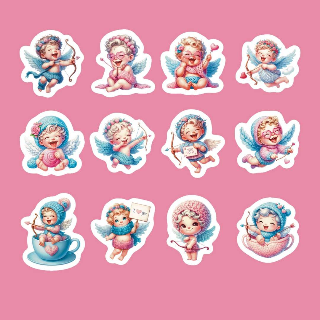 Valentine Cupid Stickers, Set 24 Stickers, Crochet Stickers, Cupid ...