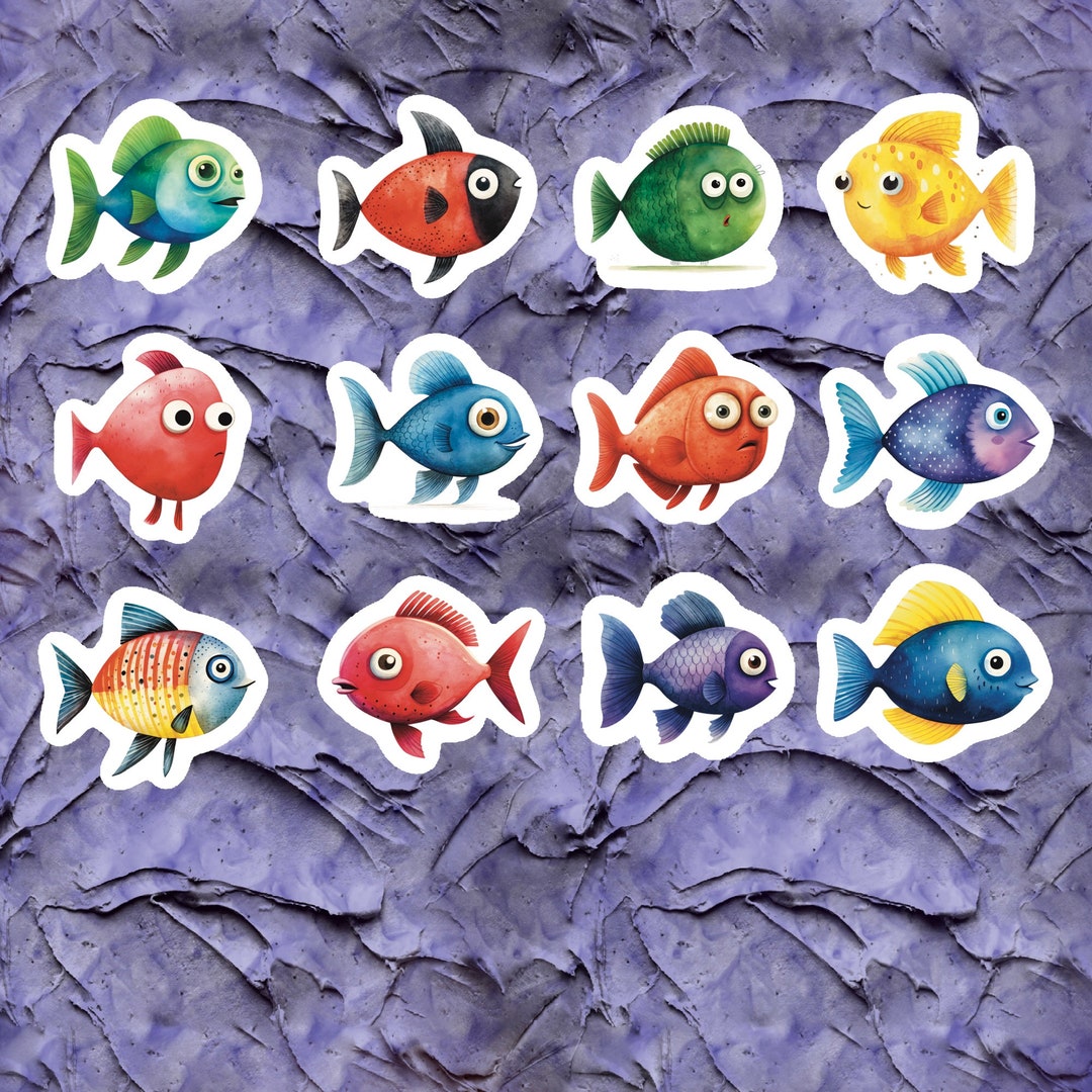 Colorful Fish Stickers, Set of 24 Stickers, Fish Stickers, Surprised ...