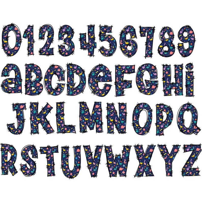 Dino Doodle Letters PNG With Doodle Outline Dinosaur Font - Etsy