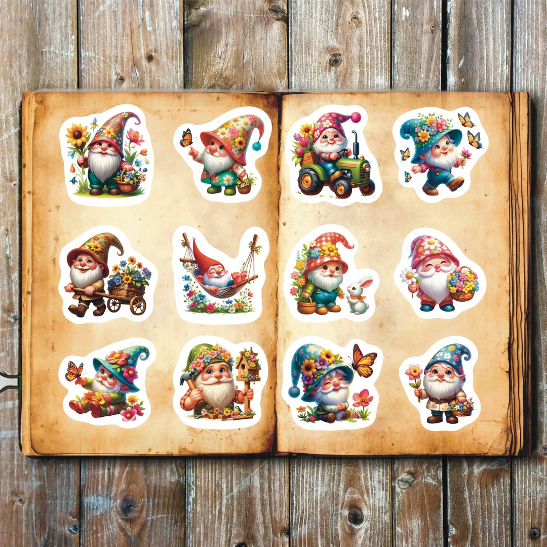 Gnome Stickers, Set of 24 Stickers, Floral Gnome Stickers, Colorful ...