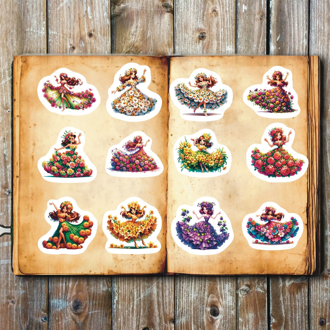Beautiful Floral Dress Stickers, Set of 24 Stickers, Elegant Woman's ...