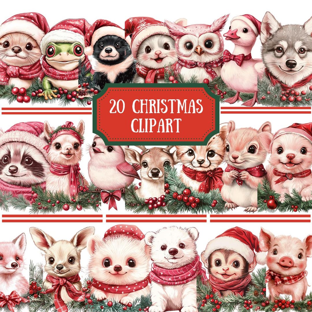 20 PNG Christmas Clipart | Cute Animals in Holly | Digital Download ...