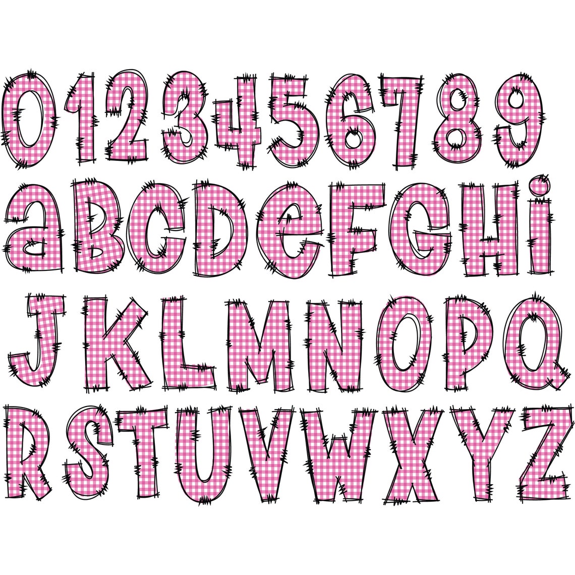 Pink Gingham Doodle Letters PNG With Doodle Outline Plaid - Etsy