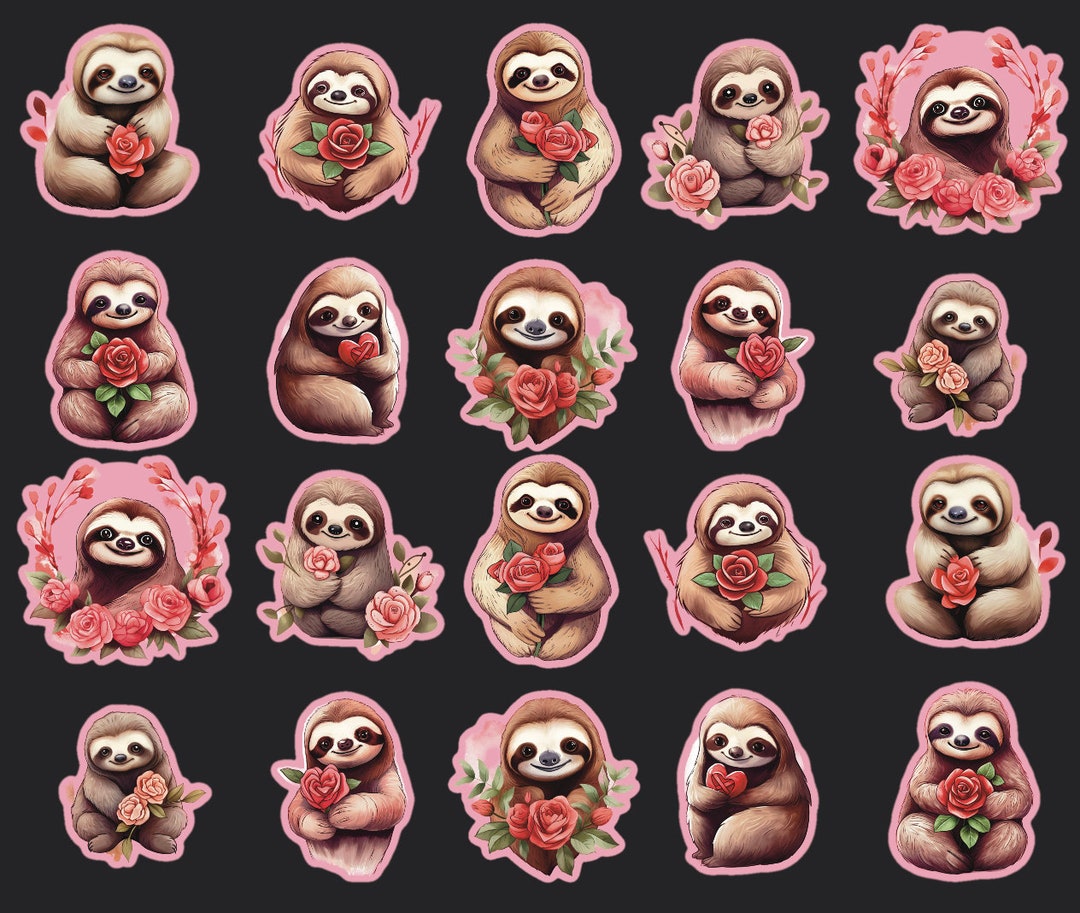 Sloth Stickers, Set of 20 Stickers, Valentine Sticker, Love Stickers ...