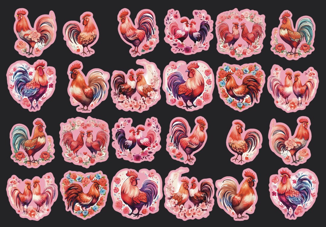 Rooster Stickers, Set 24 Stickers, Journal Sticker, Valentine Sticker ...