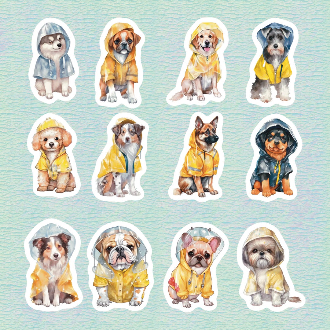 Raincoat Dog Set of 24 Stickers, Sticker, Journal Sticker, Die Cut ...