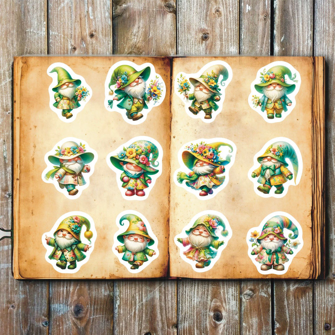 Green Floral Gnome Stickers, Set of 24 Stickers, Flower Stickers, Gnome ...