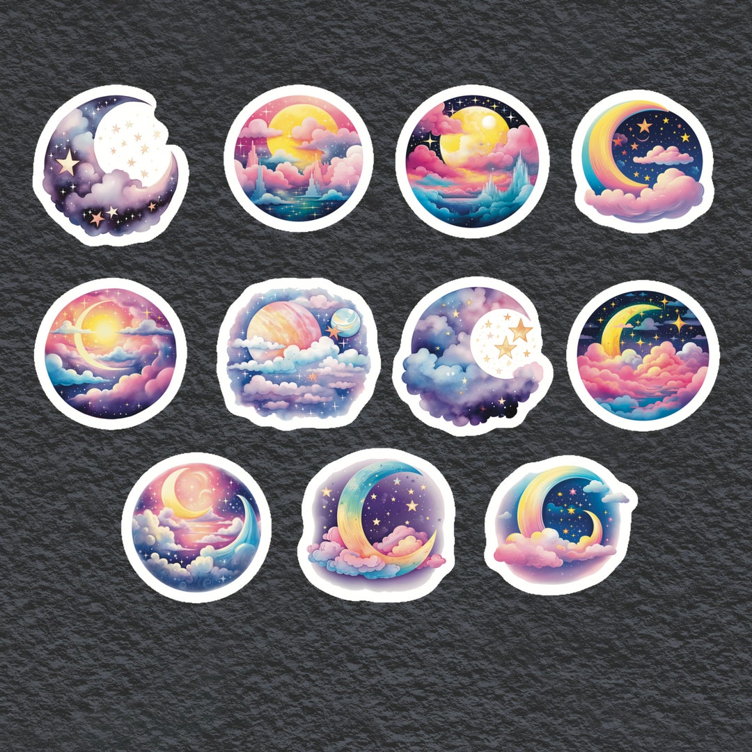 Fantasy Moon Stickers, Set 22 Stickers, Colorful Moon Stickers, Cloud ...