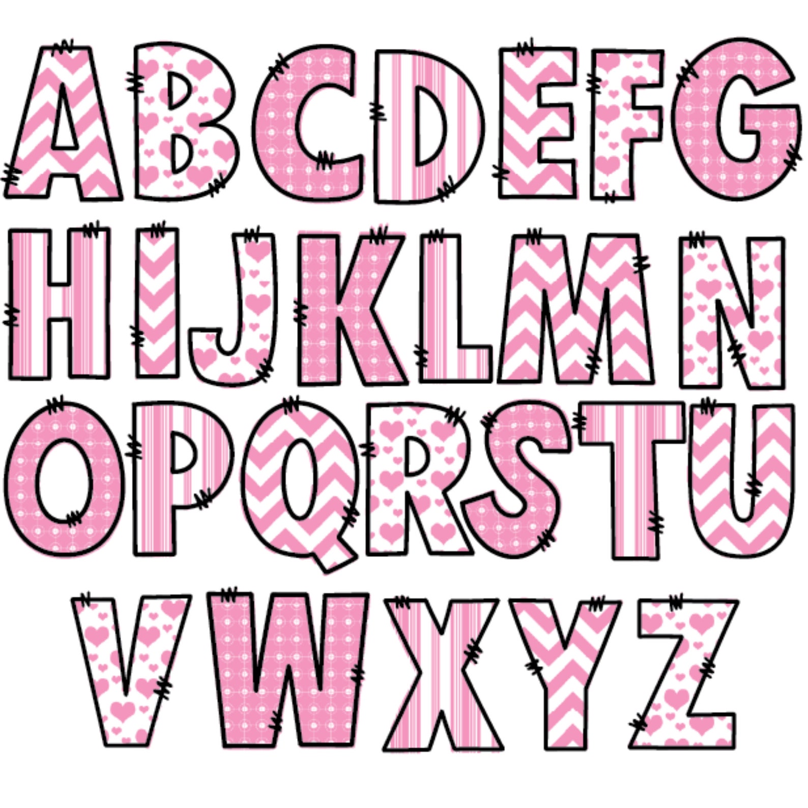 Pink White Doodle Letters PNG With Doodle Outline Pattern - Etsy