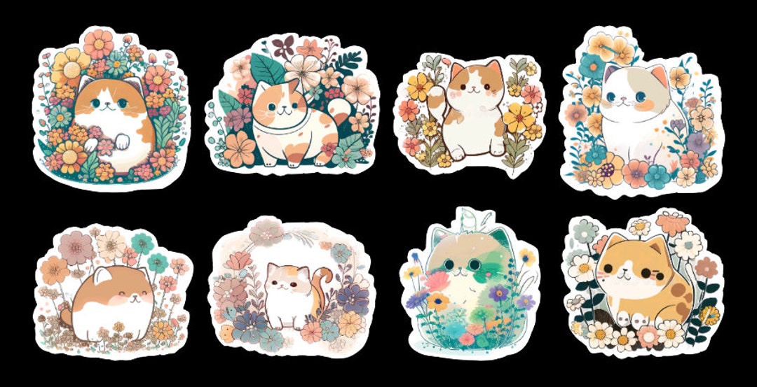 Kawaii Munchkin Cat in Flowers, Set of 24 Stickers, Sticker, Journal ...