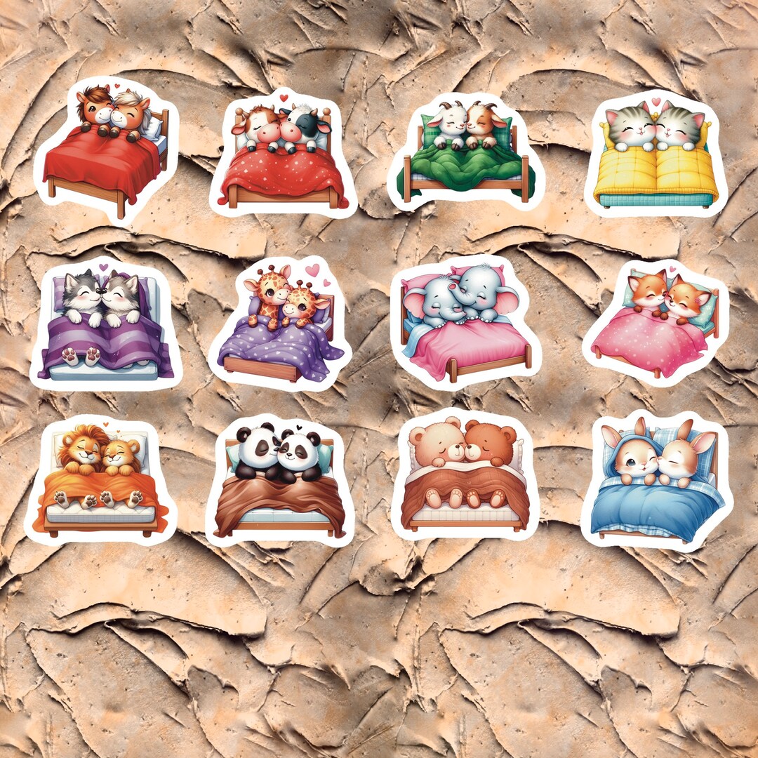 Animal Couples in Bed Stickers, Set of 24 Stickers, Baby Couple ...