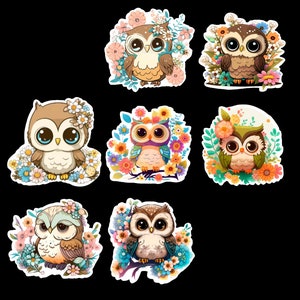 Owls in Flowers, Set of 21 Stickers, Sticker, Journal Sticker, Die Cut ...