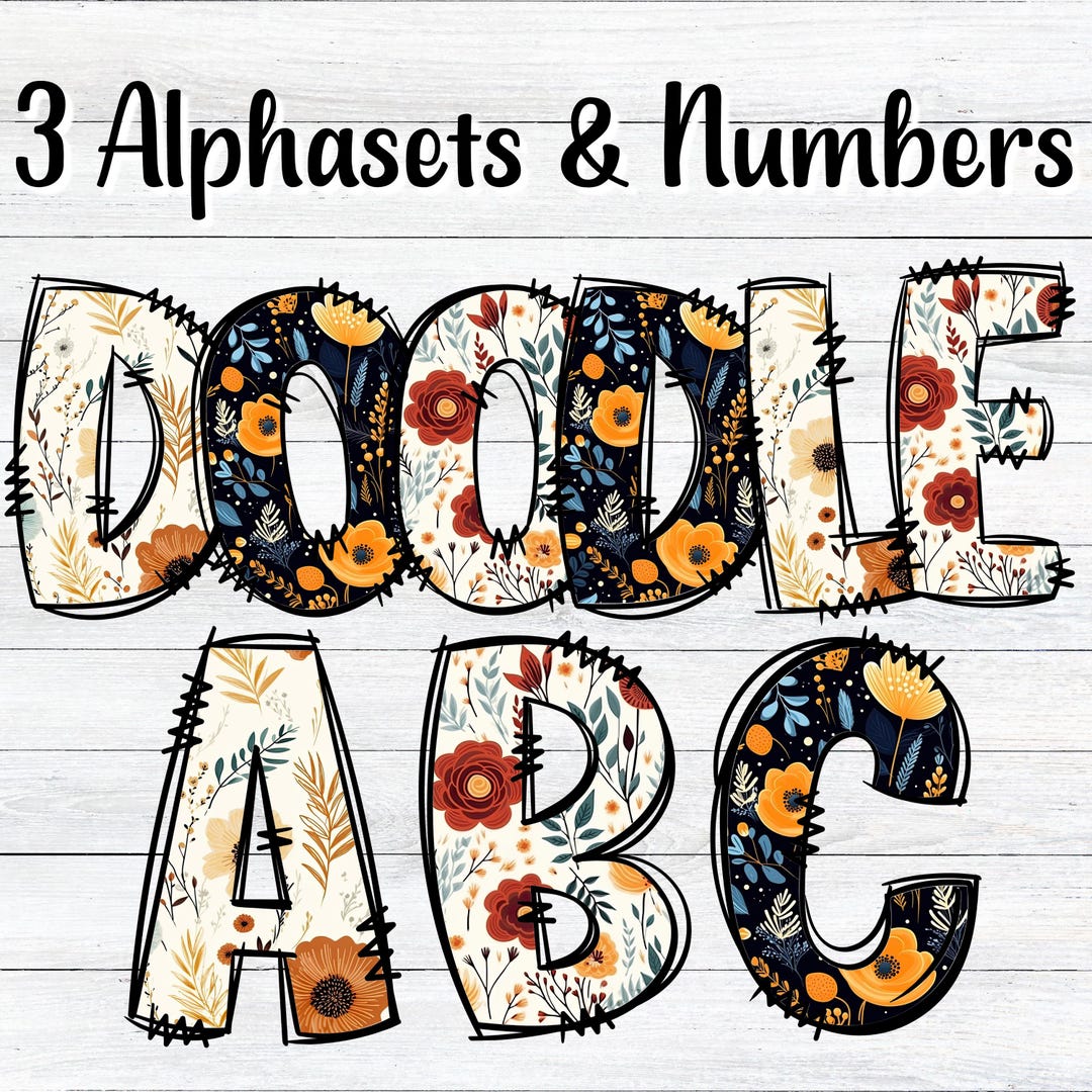 Boho Fall Floral Doodle Letters PNG With Doodle Outline, Christmas ...