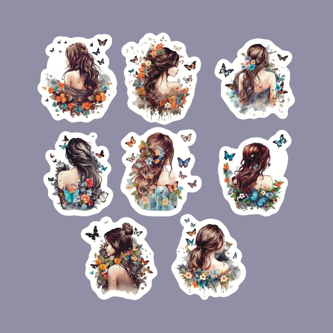 Long Dark Hair Women Stickers, Set of 24 Stickers, Women Stickers ...
