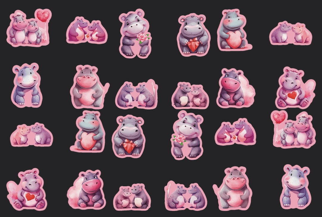 Hippopotamus Stickers, Set 24 Stickers, Journal Sticker, Valentine ...