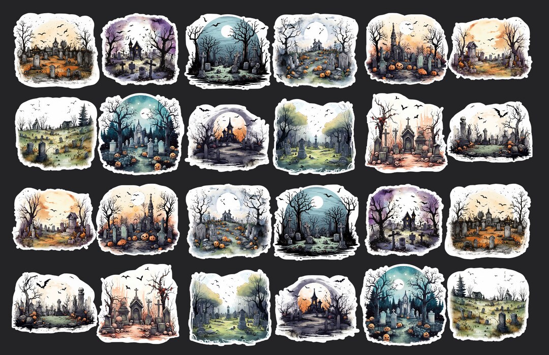 Graveyard Stickers, Set 24 Stickers, Die Cut Stickers, Haunted Sticker ...