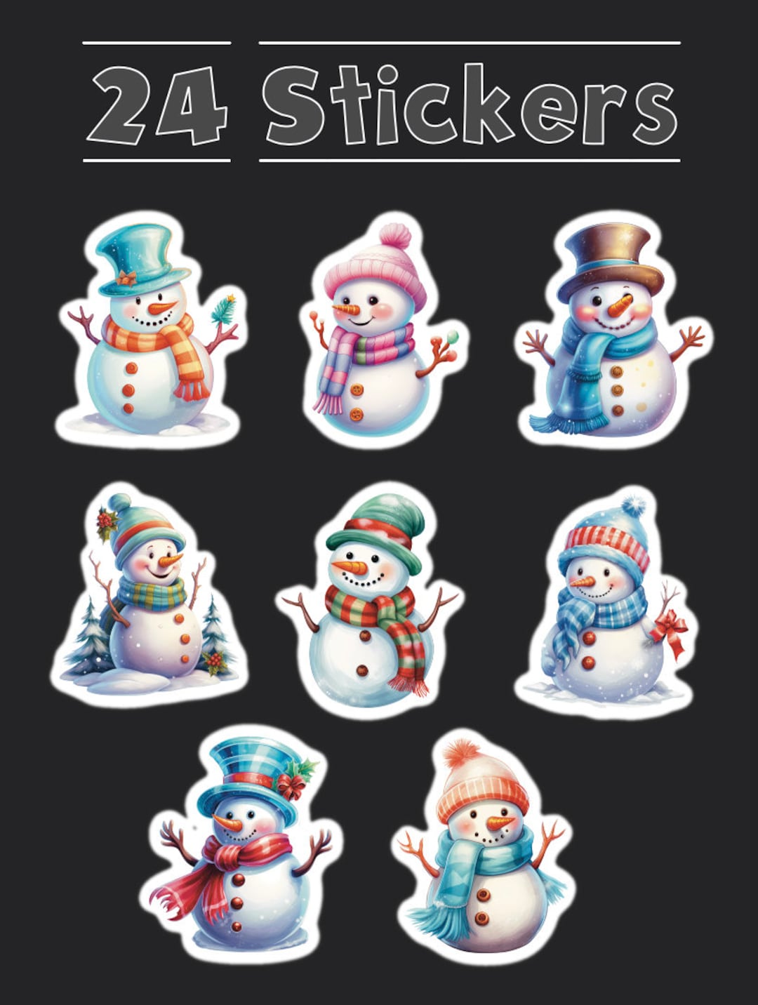 Snowmen Stickers, Set of 24 Stickers, Christmas Stickers, Colorful ...