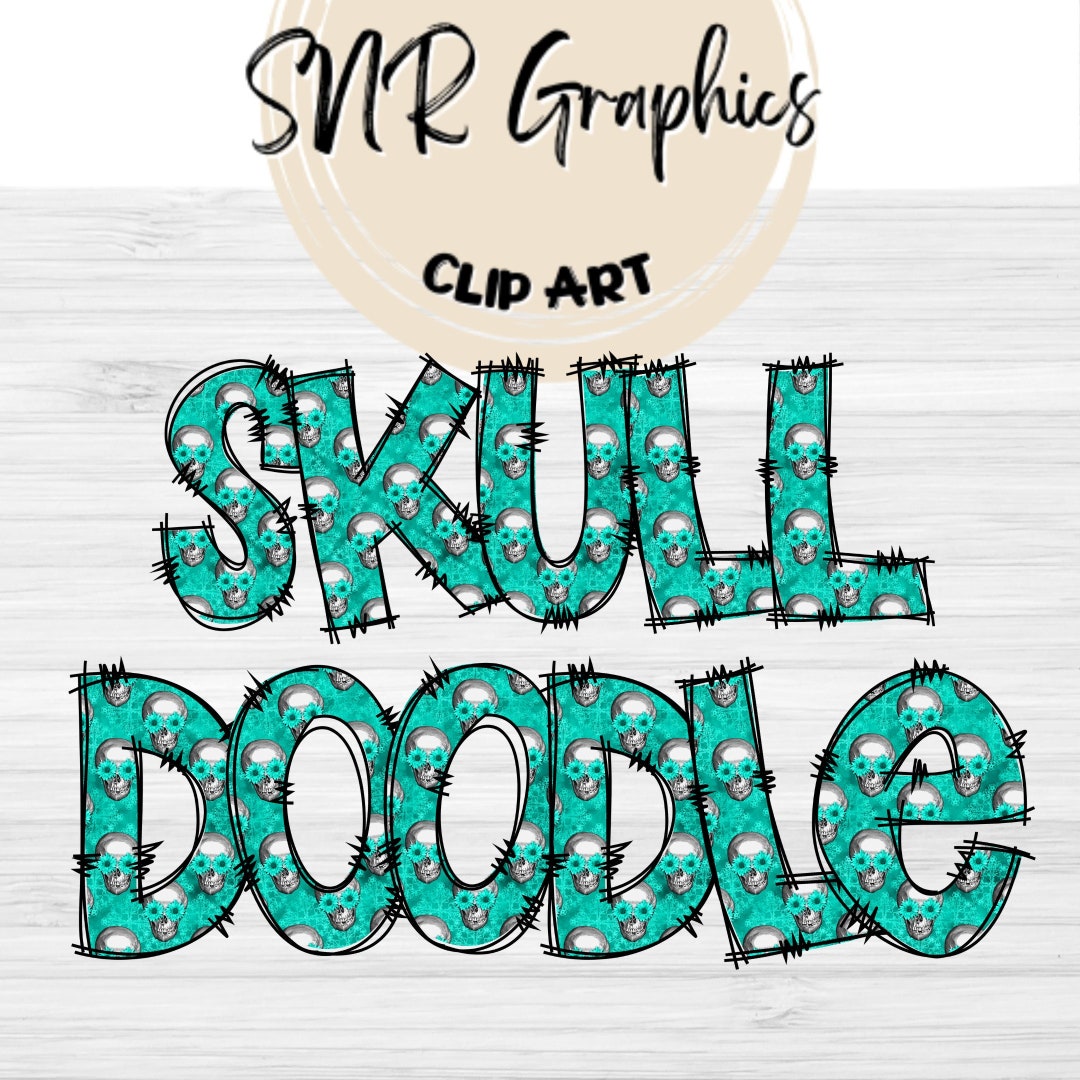 Turquoise Skull Doodle Letter PNG With Doodle Outline, Horror Clipart ...