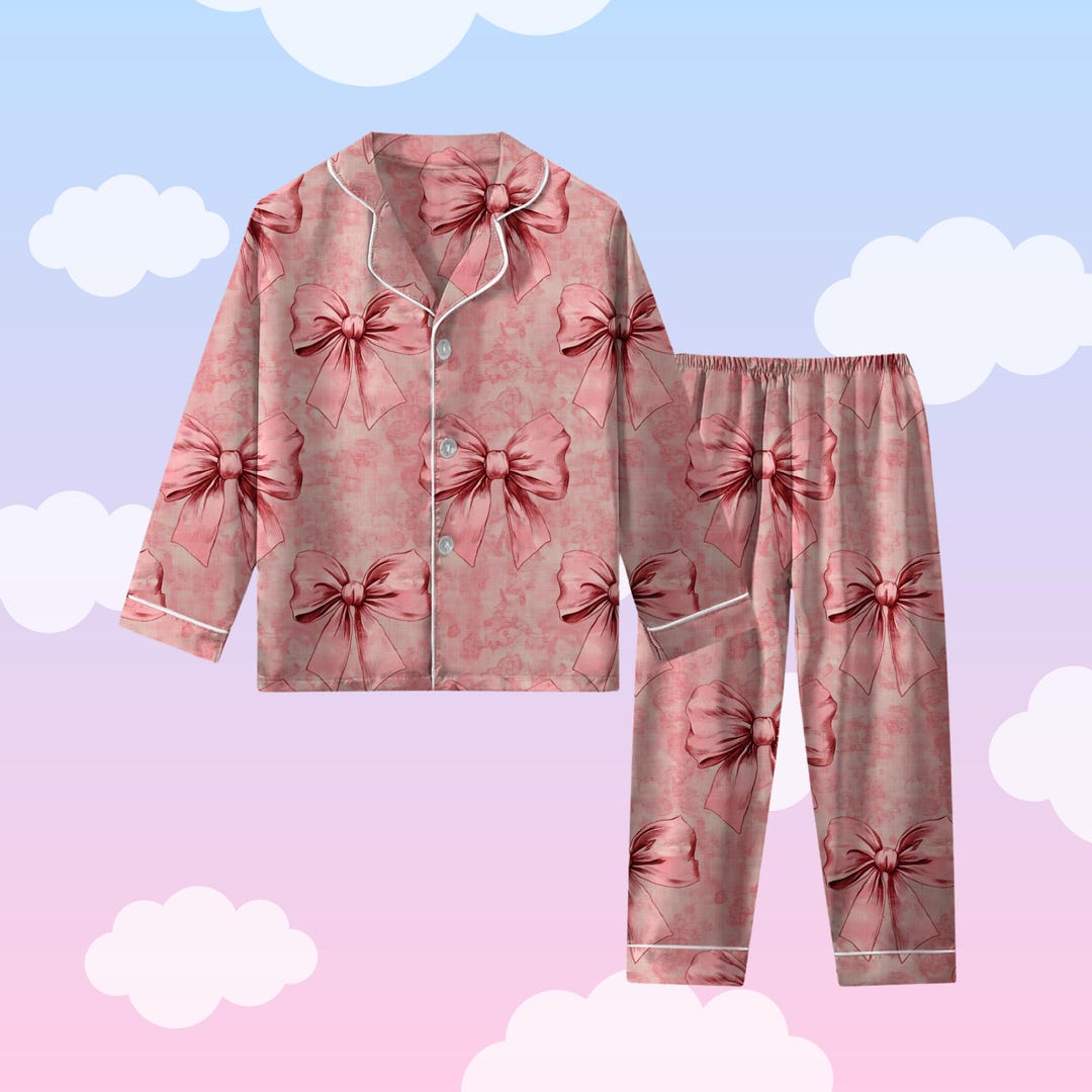 Satin Pajama Set, Rustic Pink Bow Women's XS-4X, Coquette Sleepwear ...
