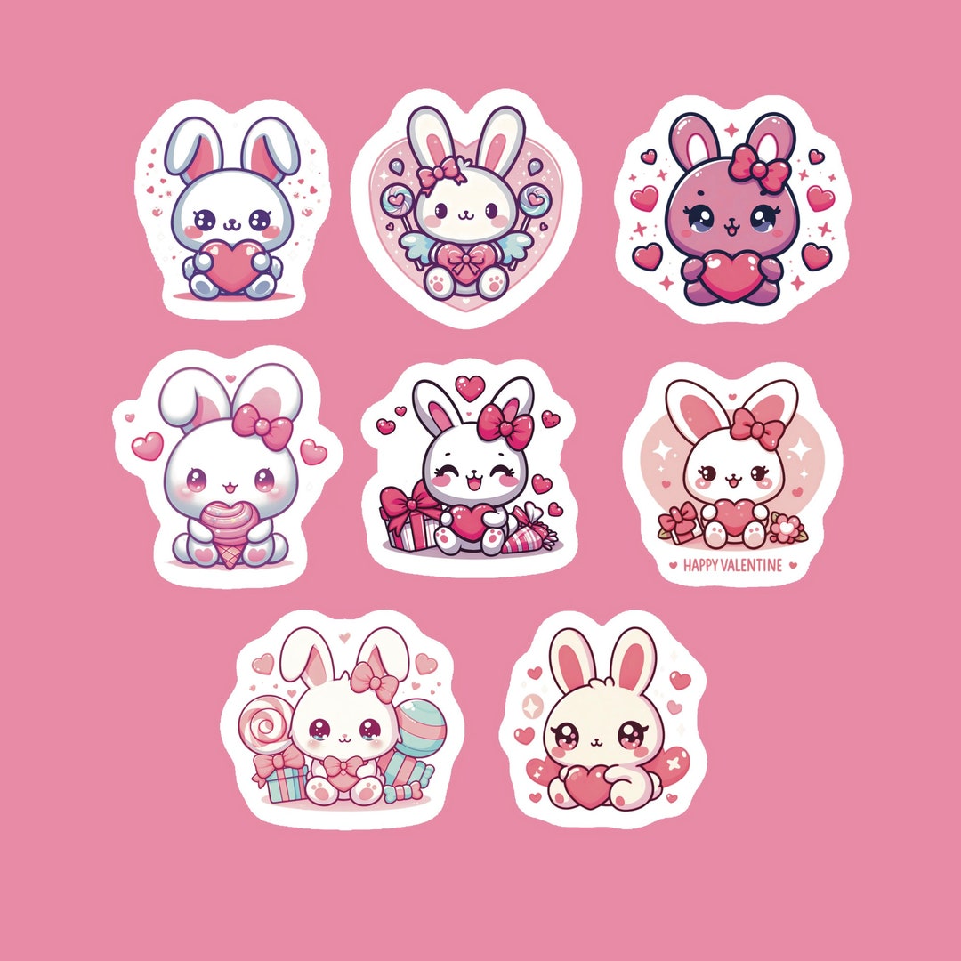 Kawaii Bunny Stickers, Set of 24 Stickers, Bunny Stickers, Valentine ...