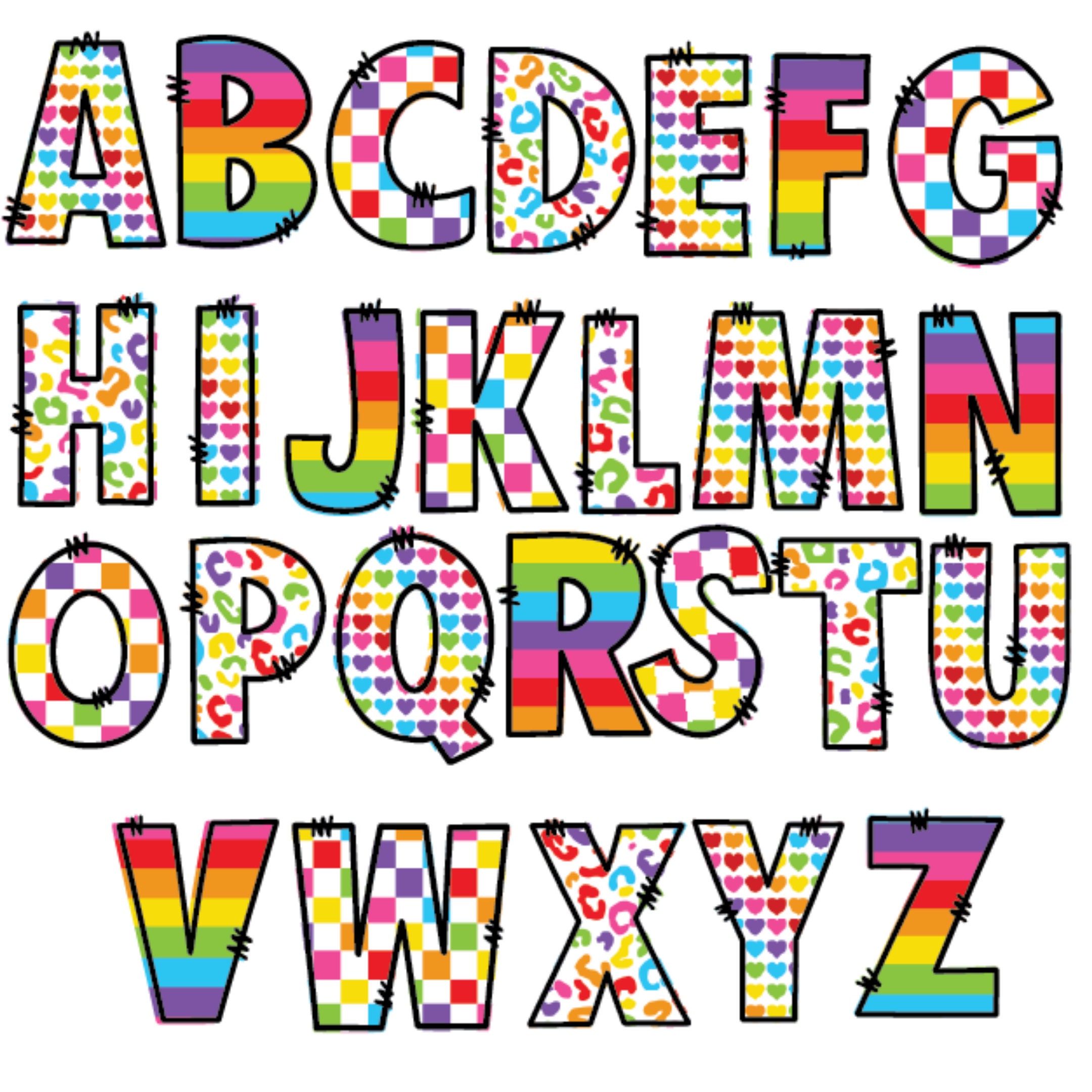 Bright Rainbow Doodle Letters PNG With Doodle Outline - Etsy