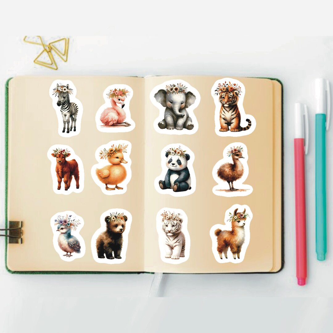 Baby Animals With Floral Crown Stickers, Set of 24 Stickers, Baby ...