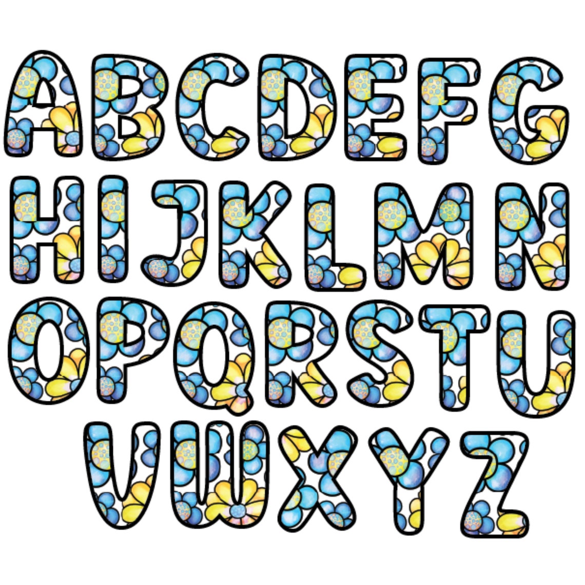 Floral Print Bubble Letters PNG With Doodle Outline Boho Font - Etsy