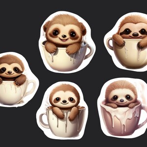 Coffee Cup Sloth Stickers, Set of 24 Stickers, Die Cut Sticker, Journal ...