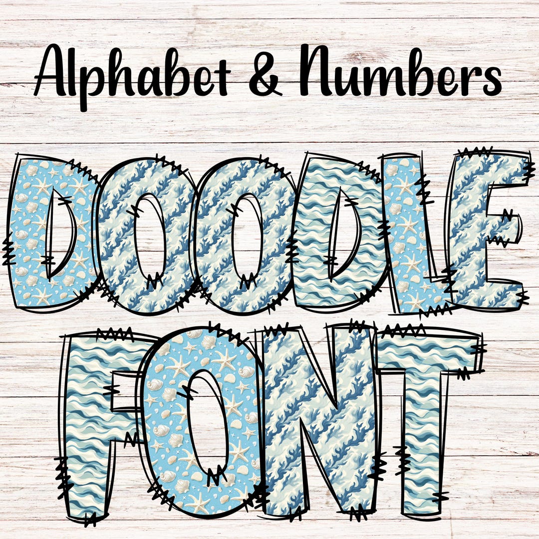 Coastal Doodle Letters PNG With Doodle Outline, Ocean Clipart Alphabet ...