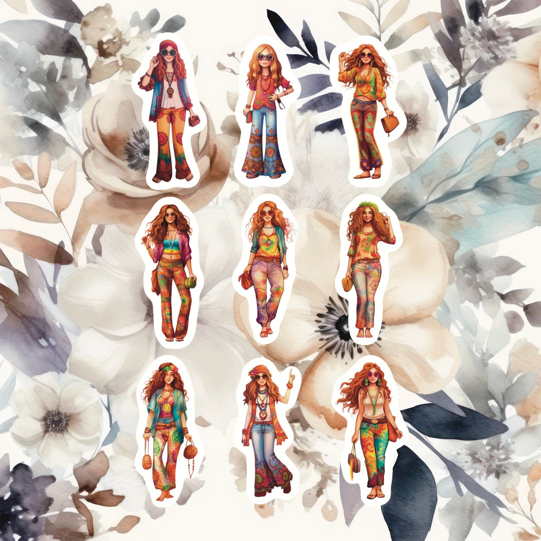 Hippie Girl Stickers, Set 18 Stickers, Girl Stickers, Hippies, Hippie ...