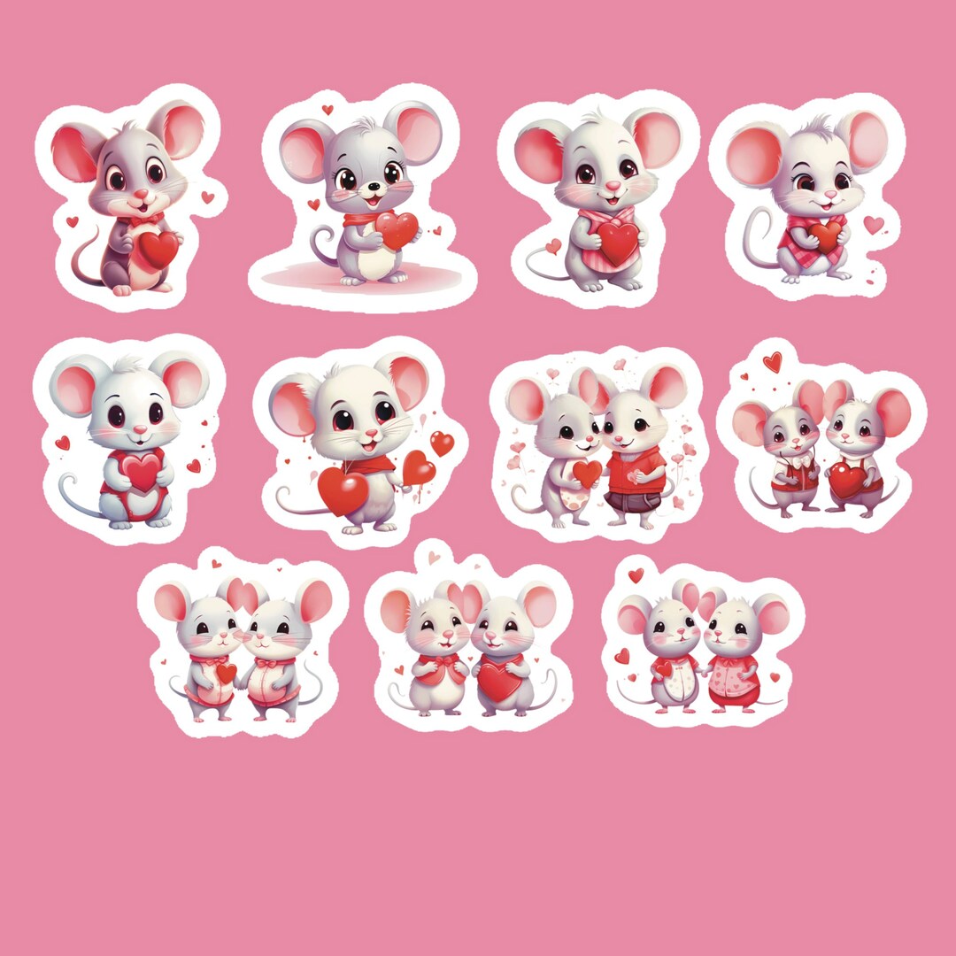 Valentine Mouse Stickers, Set 22 Stickers, Love Stickers, Valentine ...