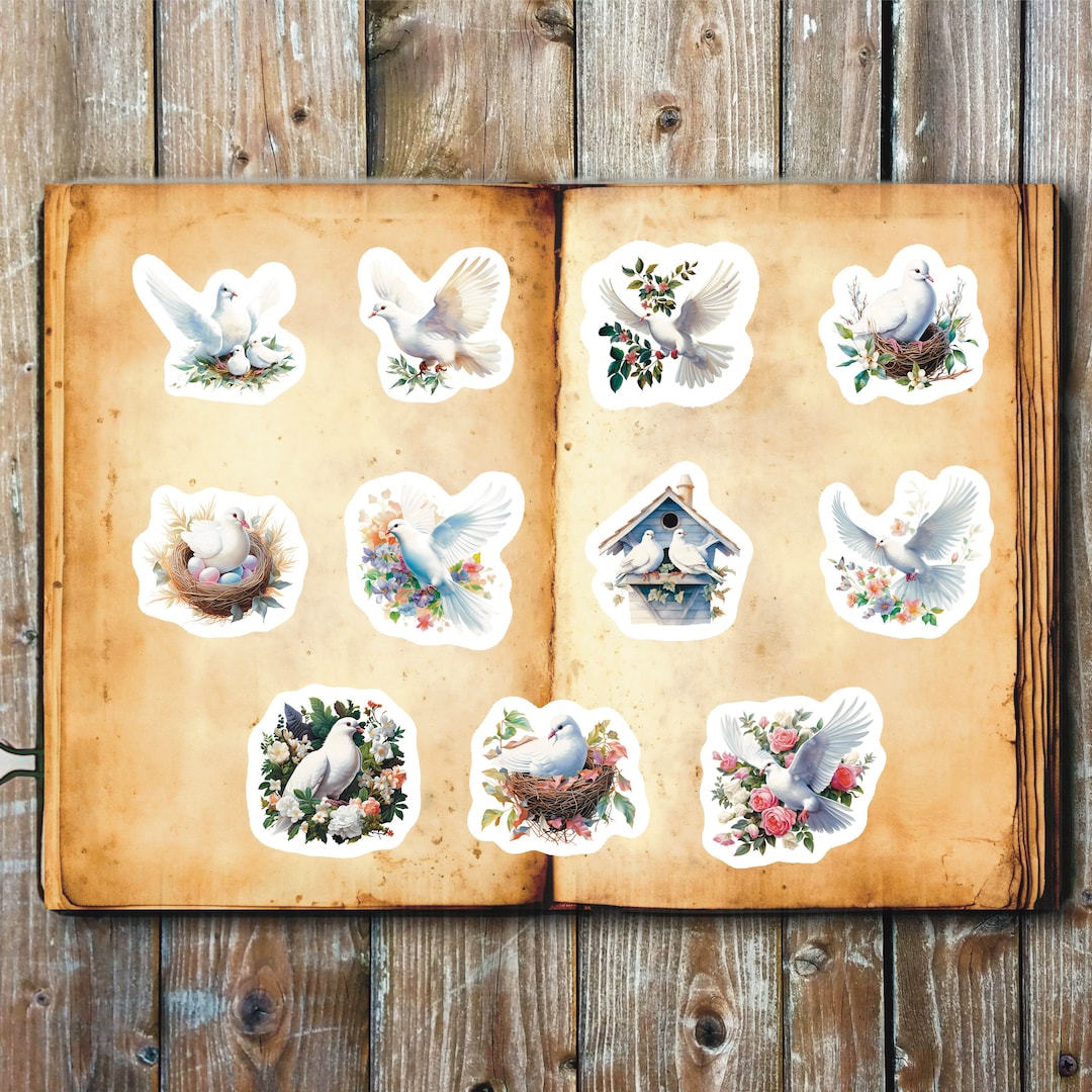 White Dove Stickers, Set of 22 Stickers, Dove Stickers, Floral Dove ...