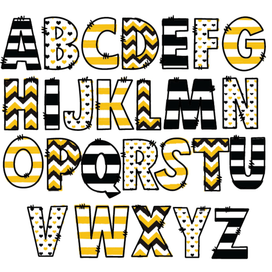 Black & Yellow Doodle Letters PNG With Doodle Outline Pattern - Etsy