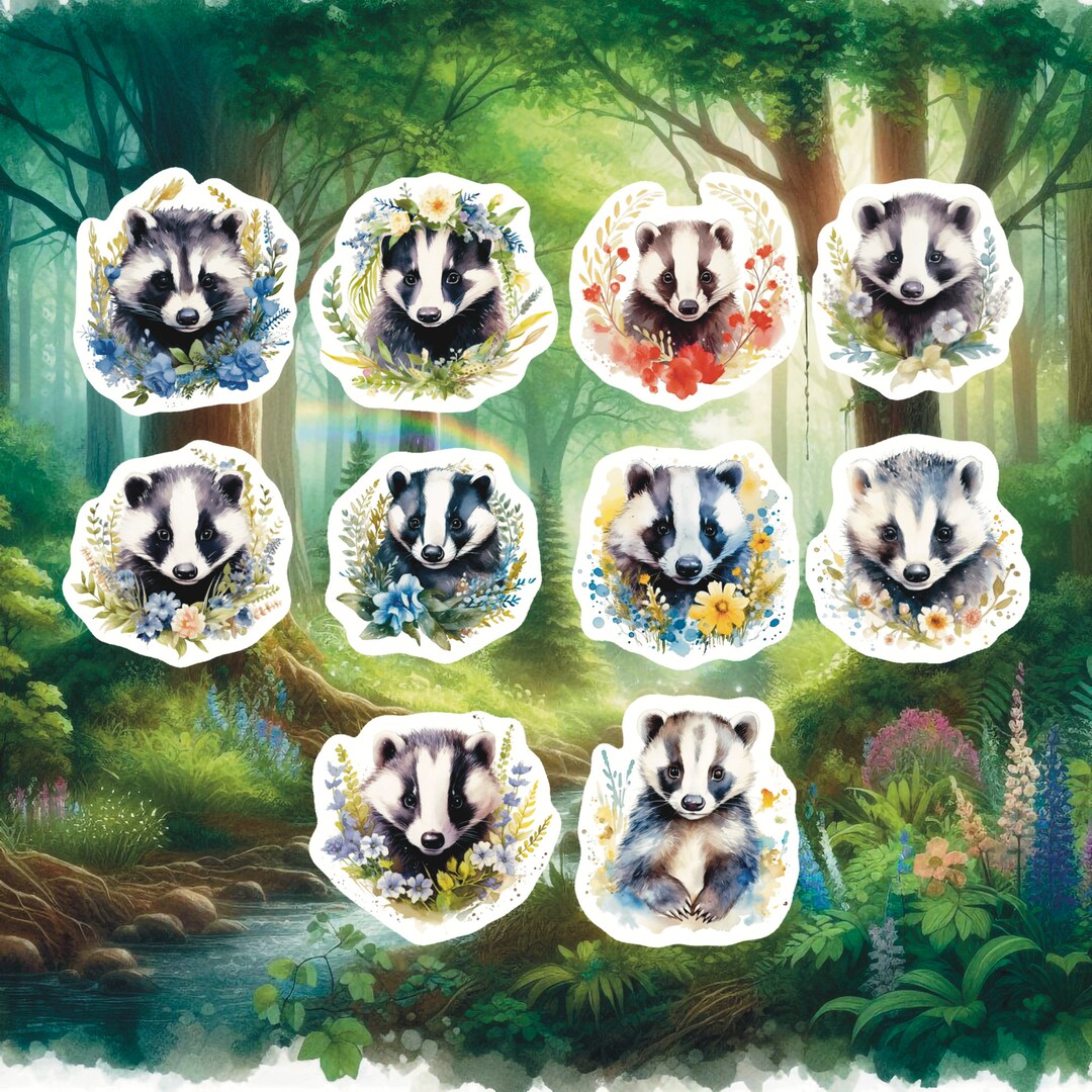 Badger in Flower Stickers, Set of 20 Stickers, Floral Stickers, Badger ...