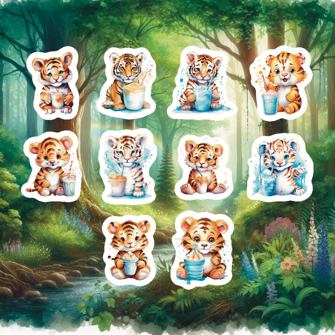 Tiger With A Milkshake Stickers, Set of 20 Stickers, Baby Tiger ...